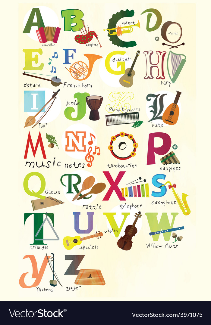 Classical musical instruments alphabet Royalty Free Vector Classical musical instruments alphabet Royalty Free Vector