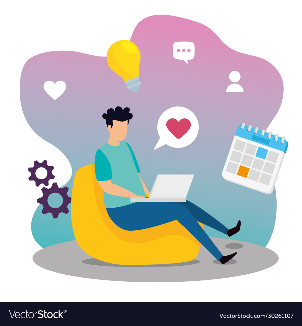 Man working in workplace with computer and icons Vector Image