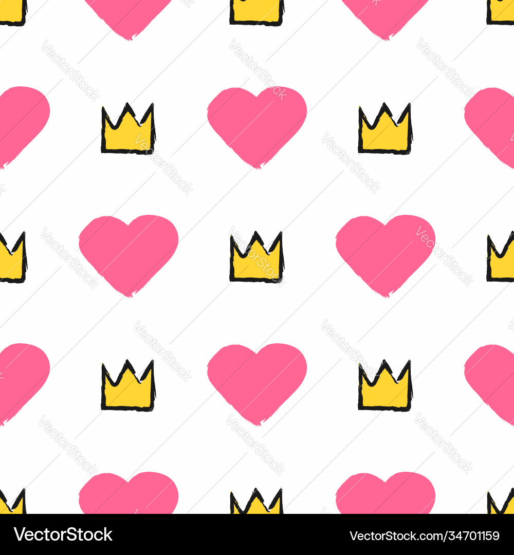 Repeating hearts and crowns drawn hand Royalty Free Vector