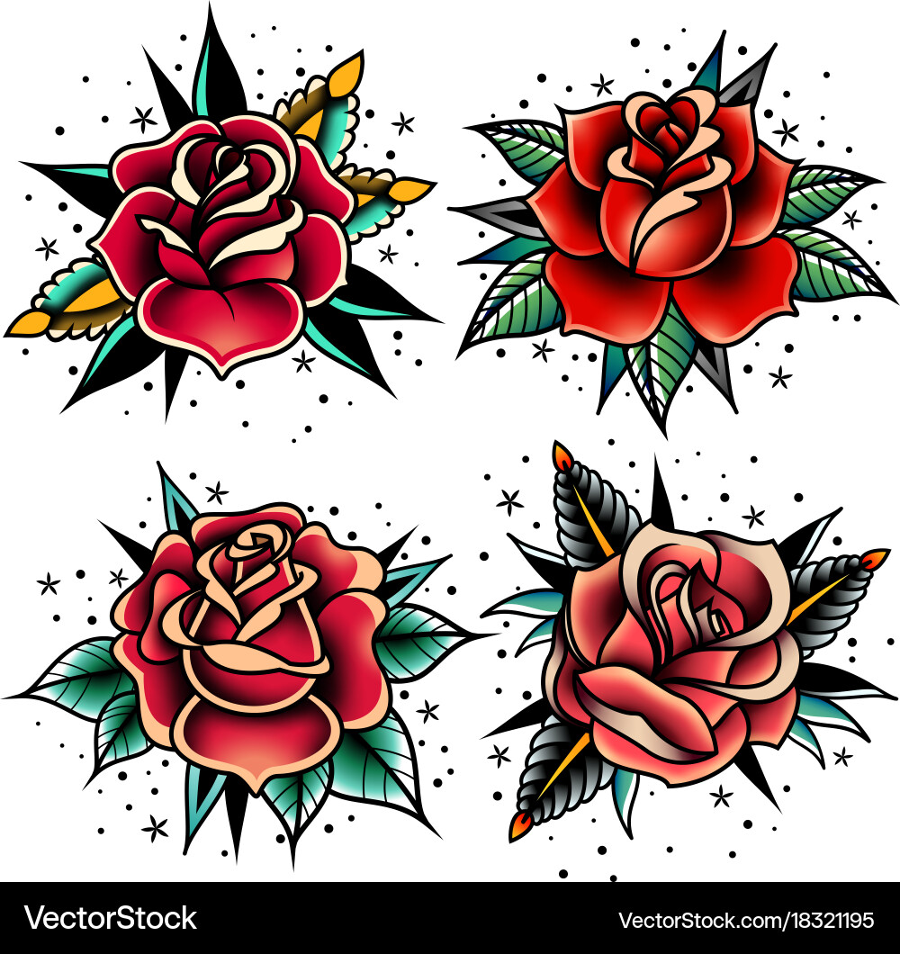 Old school tattoo roses set Royalty Free Vector Image
