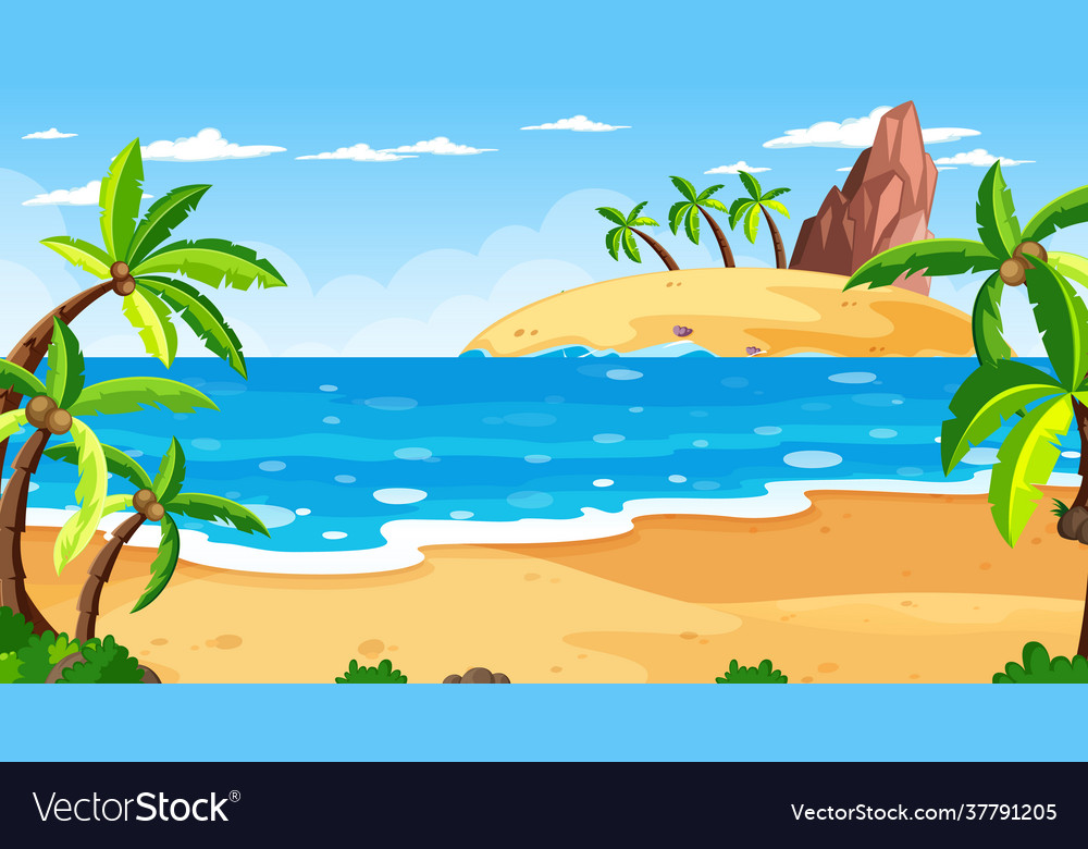 Tropical beach scene with many palm trees at day Vector Image