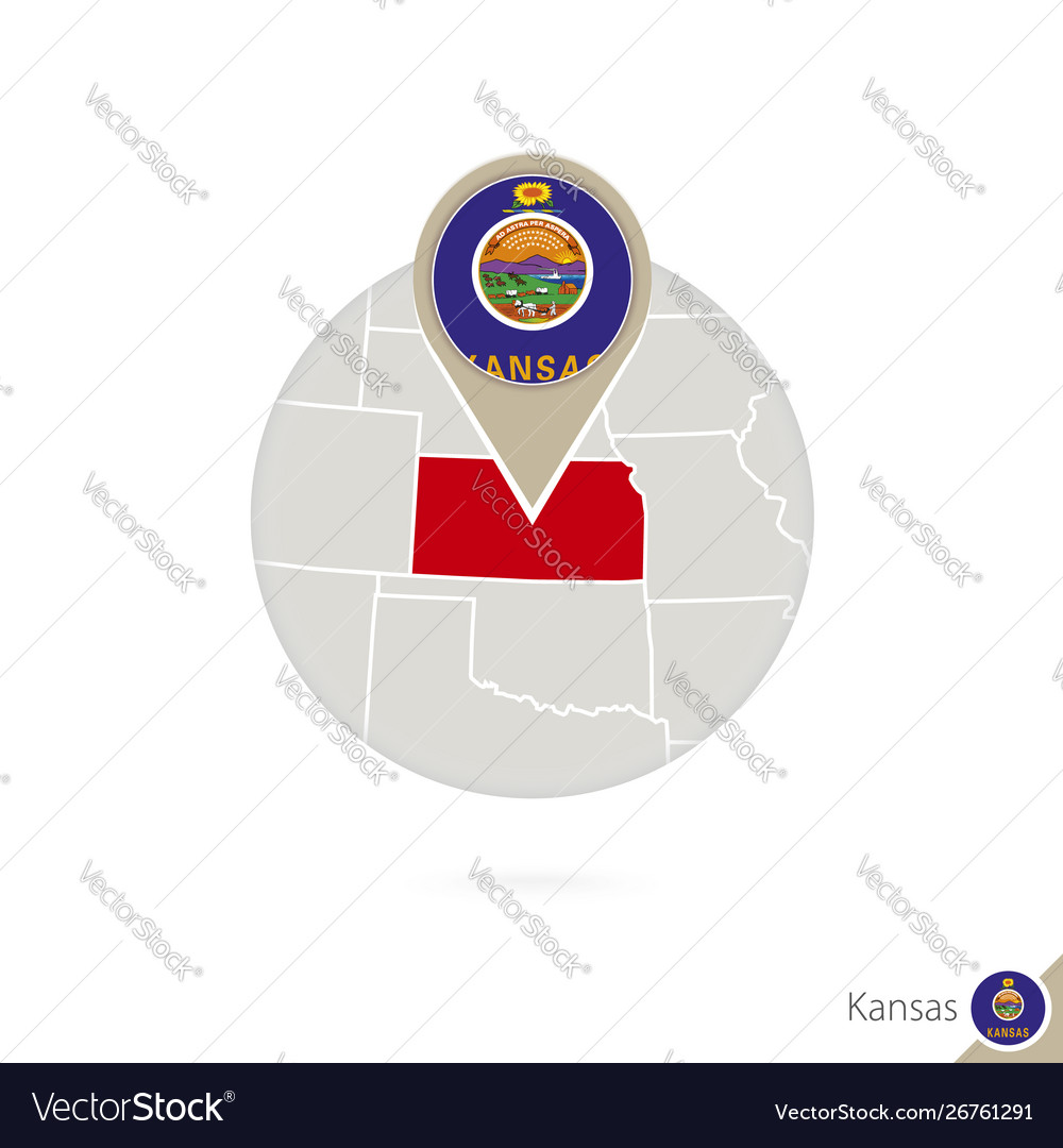 Kansas us state map and flag in circle map Vector Image