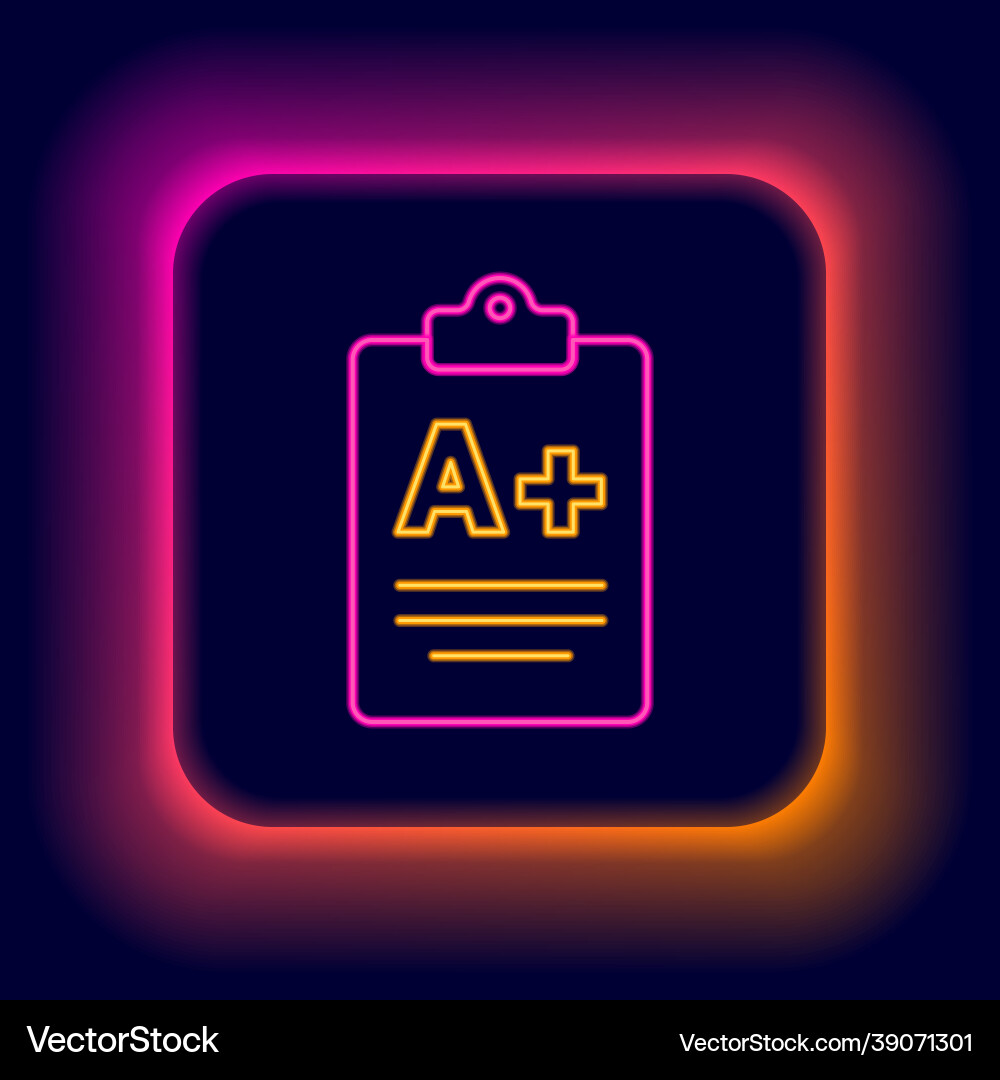 Glowing neon line exam sheet with a plus grade Vector Image