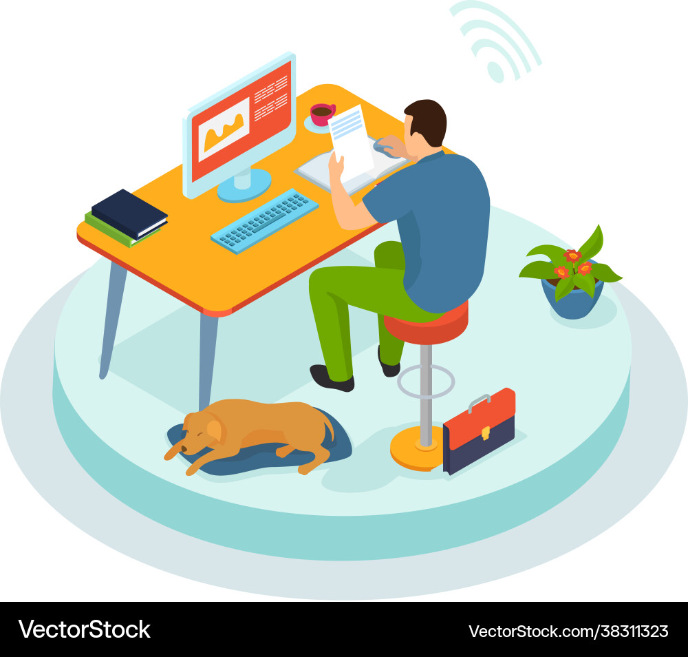 Business man at desktop with computer reading Vector Image