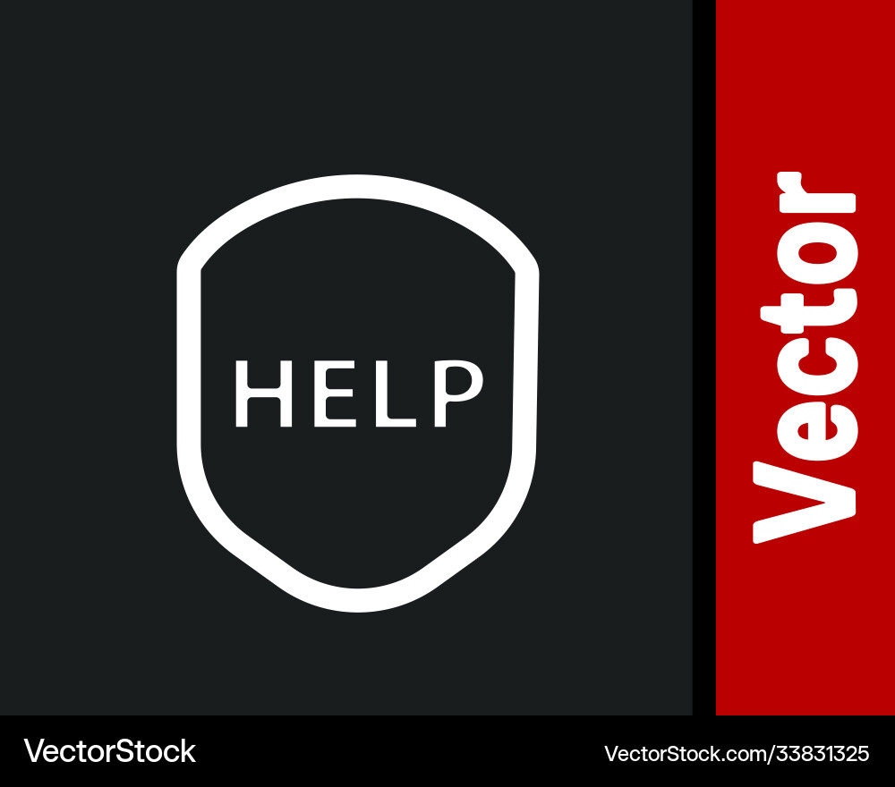 White shield with text help icon isolated on black