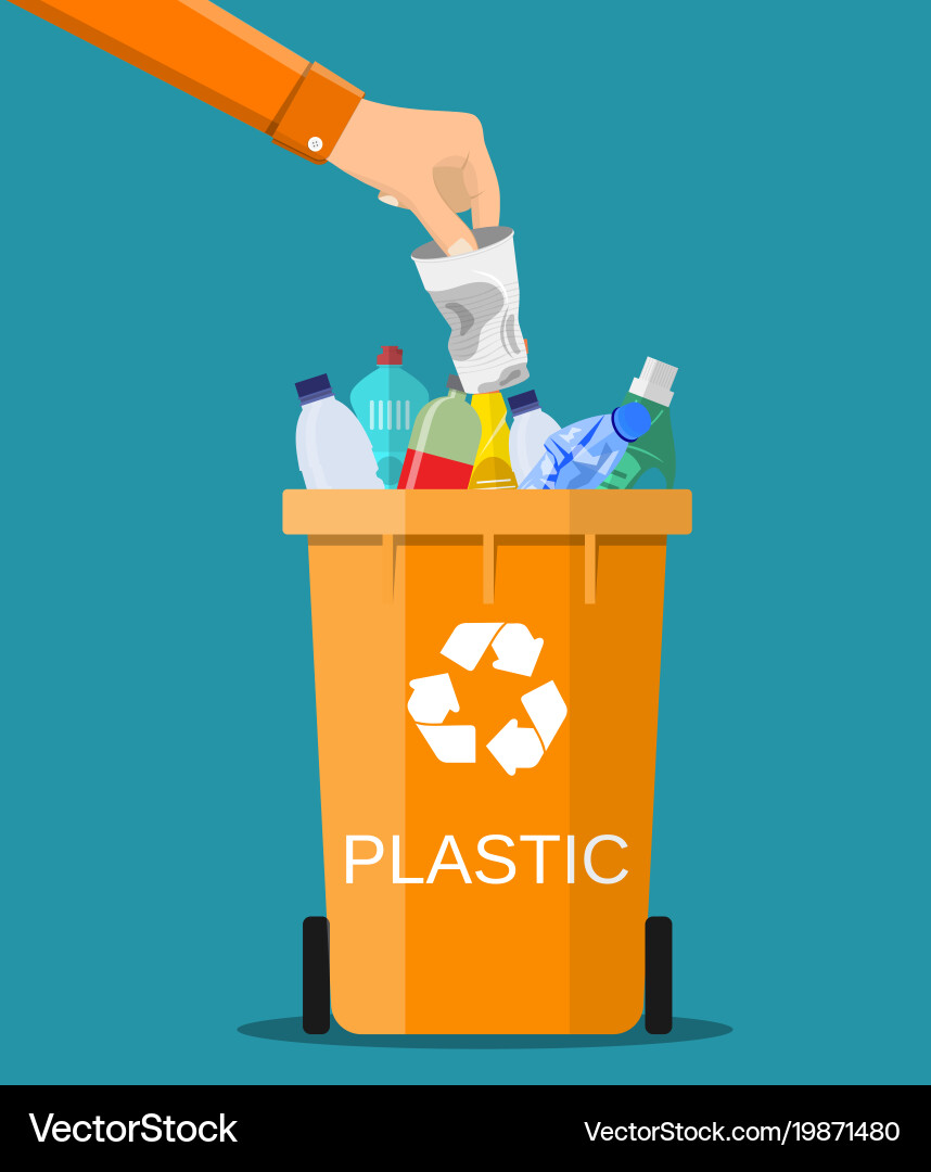 Man hand throws garbage into a plastic container Vector Image