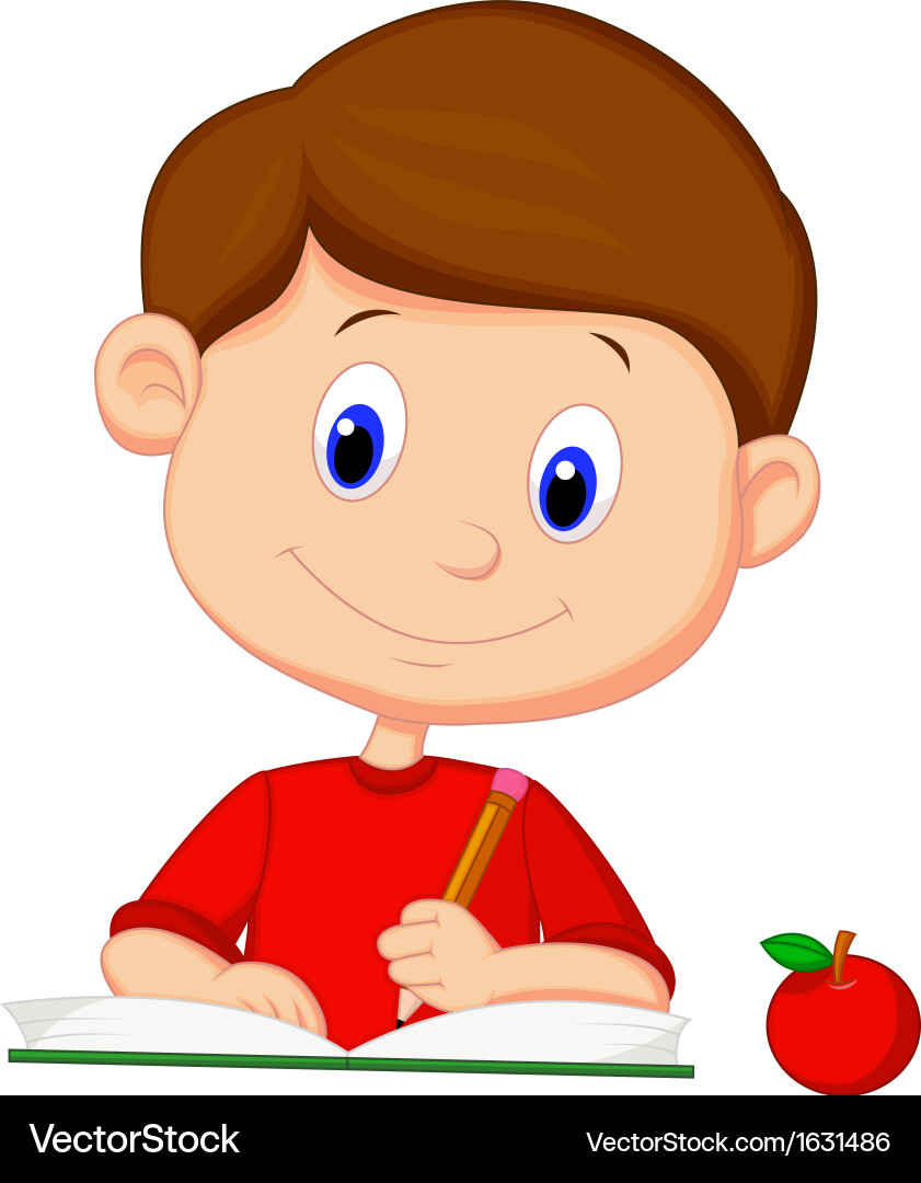 Cute boy cartoon writing on a book Royalty Free Vector Image