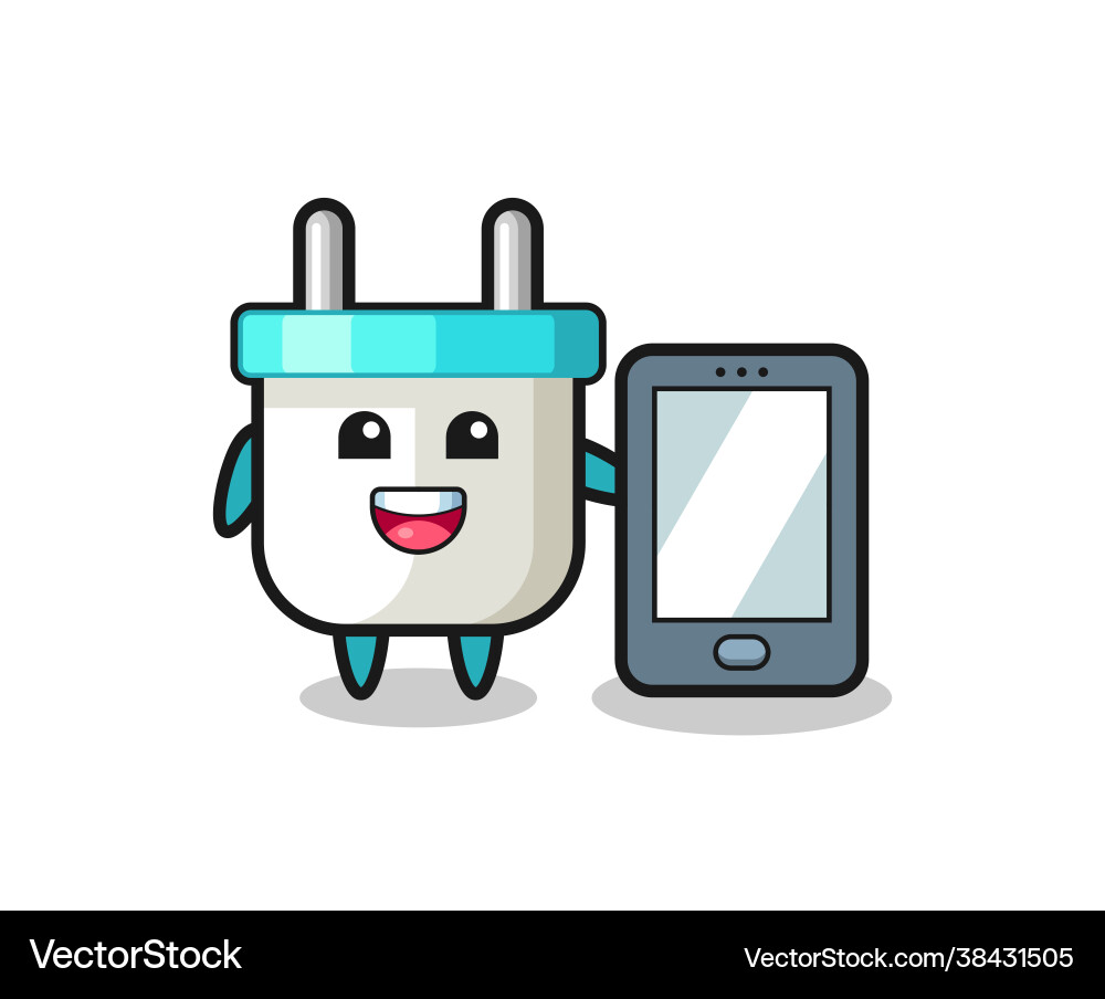 Electric plug cartoon holding a smartphone Vector Image