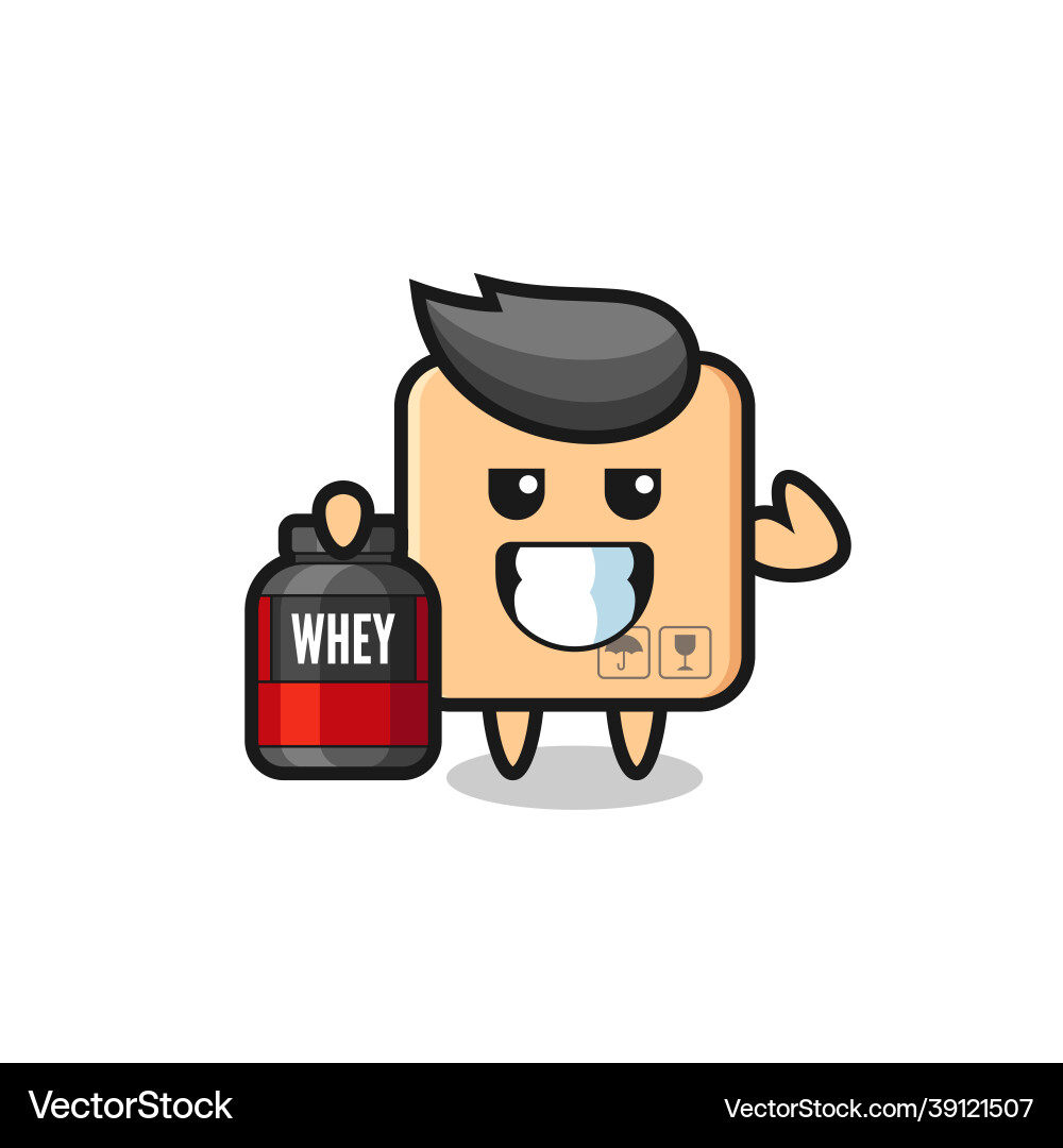 Muscular cardboard box character is holding Vector Image