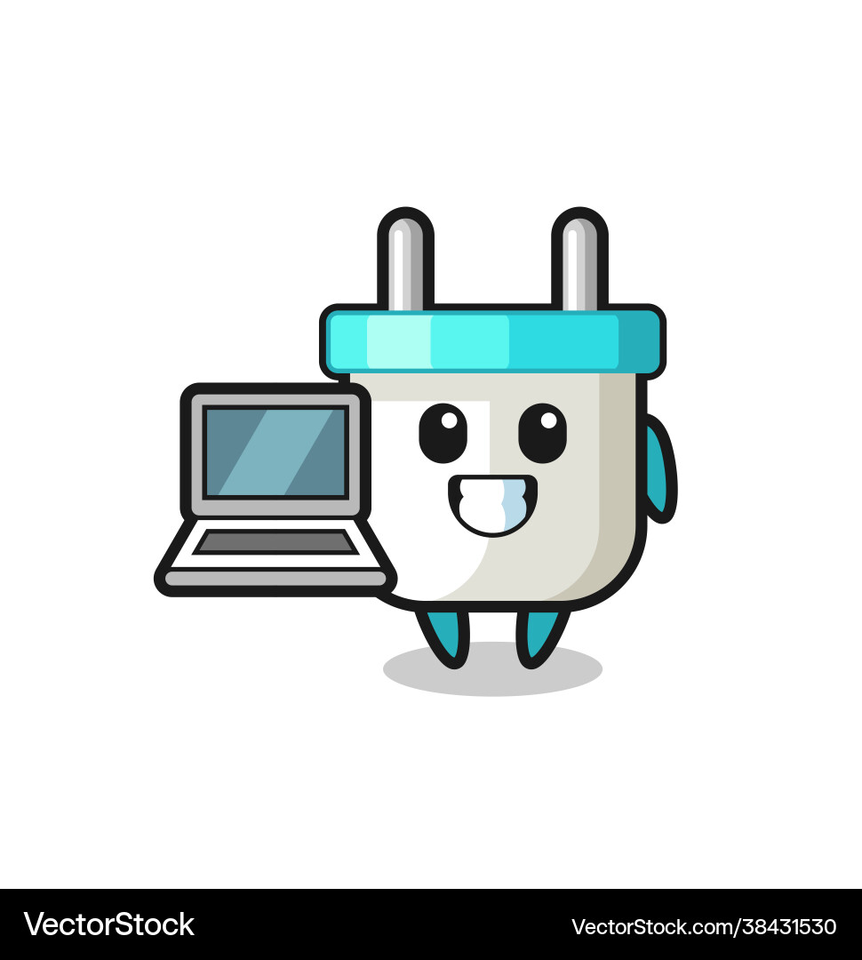 Mascot electric plug with a laptop Royalty Free Vector Image
