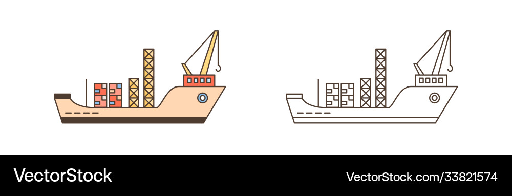 Color and monochrome cargo ships with containers Vector Image