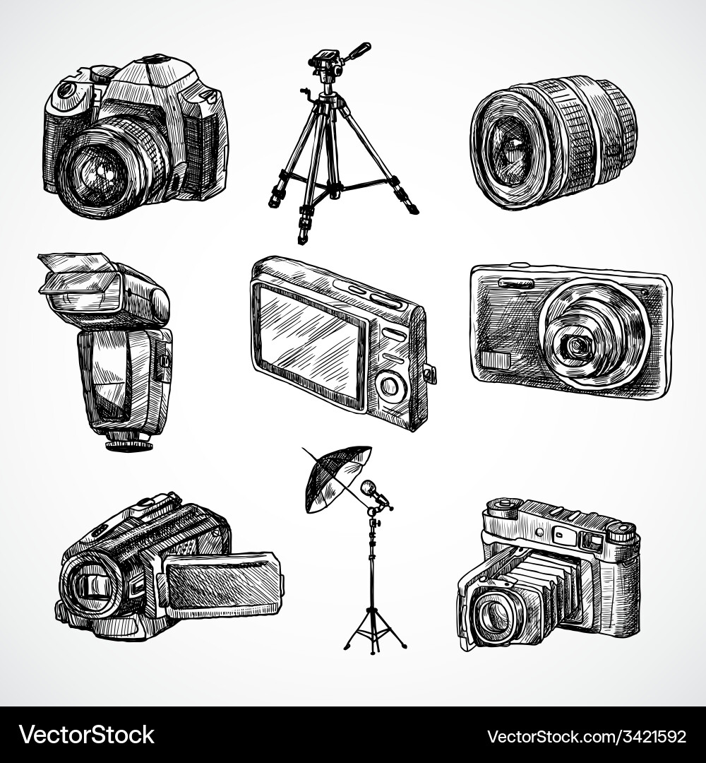 Camera sketch icons set Royalty Free Vector Image