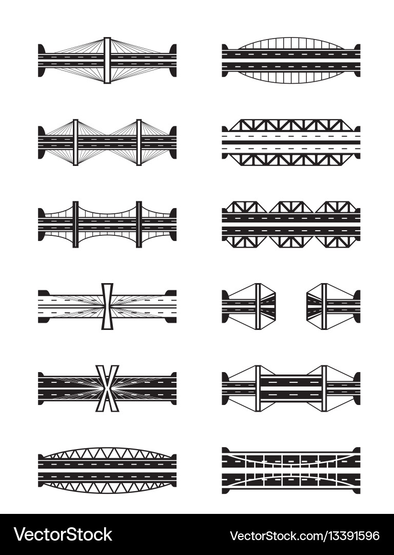 Various types bridges viewed from above Royalty Free Vector