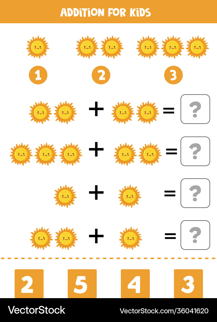 Addition worksheet with cartoon sun math game Vector Image