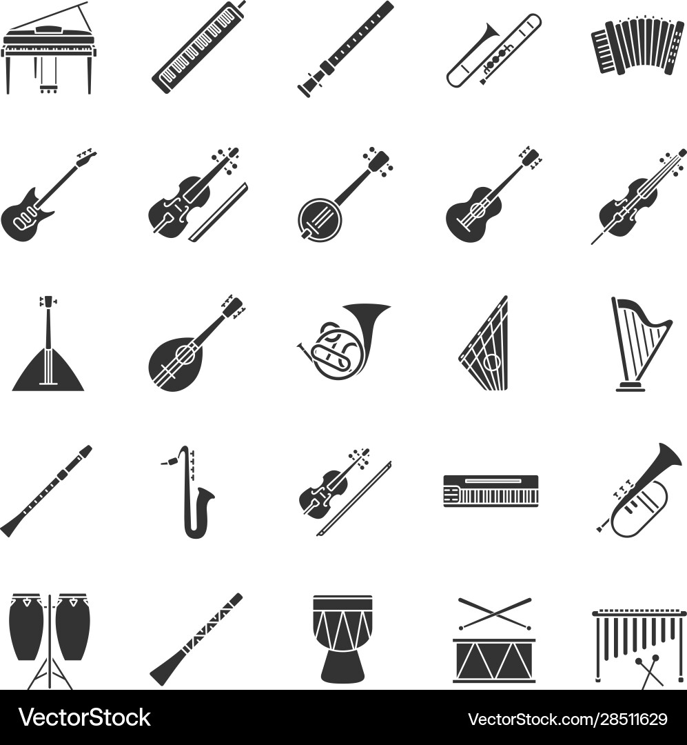 Musical instruments glyph icons set Royalty Free Vector