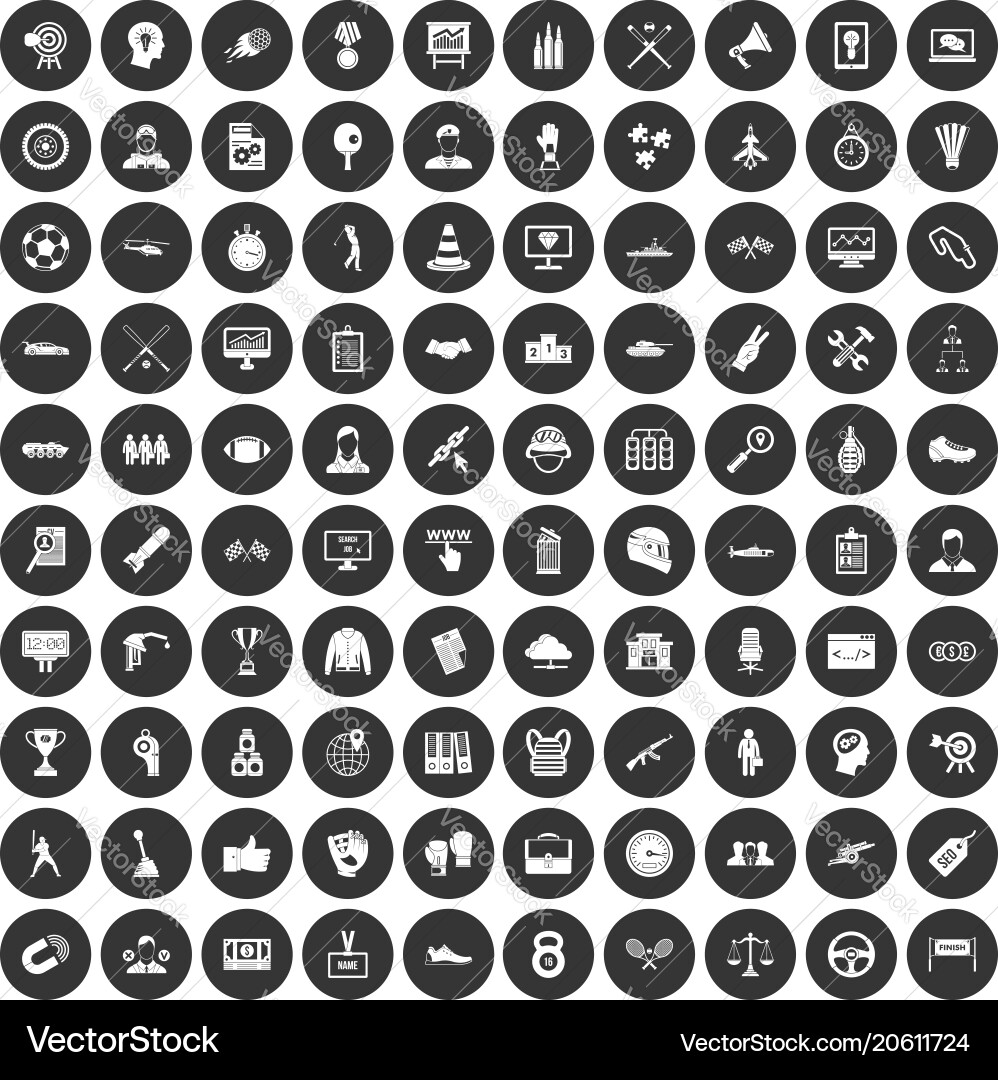 100 victory icons set black circle Royalty Free Vector Image