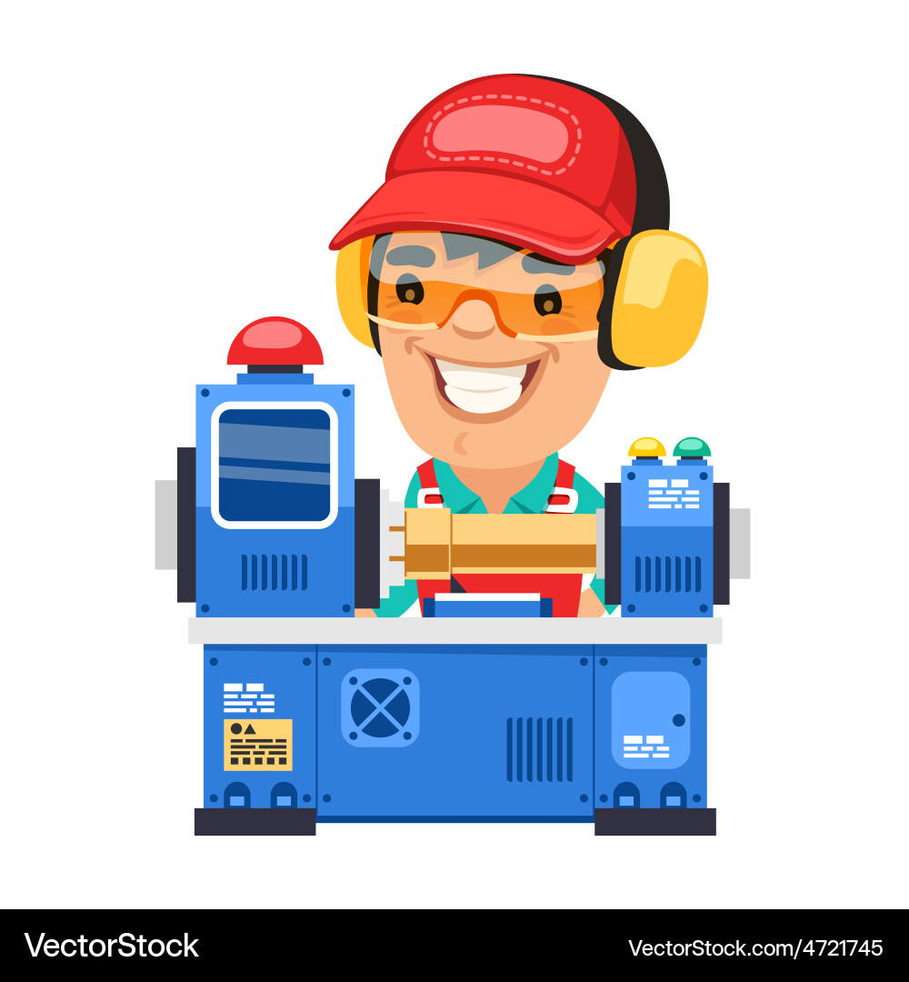 Factory Worker is Working on Lathe Machine Vector Image