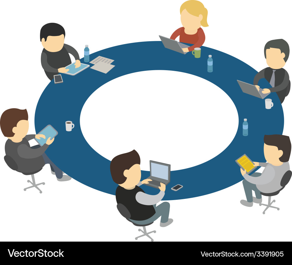 Six cartoon people work sitting round table Vector Image