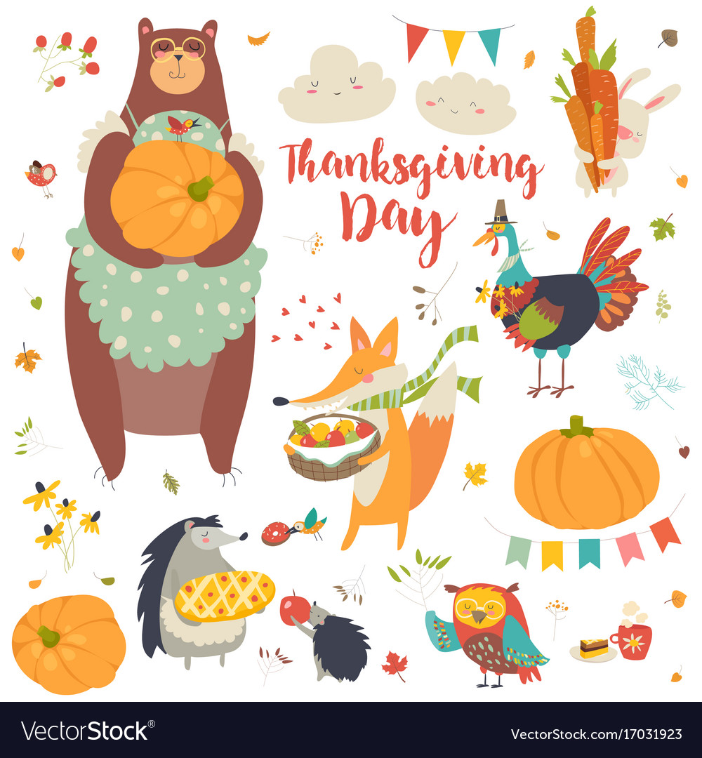 Thanksgiving set with cute forest animals Vector Image