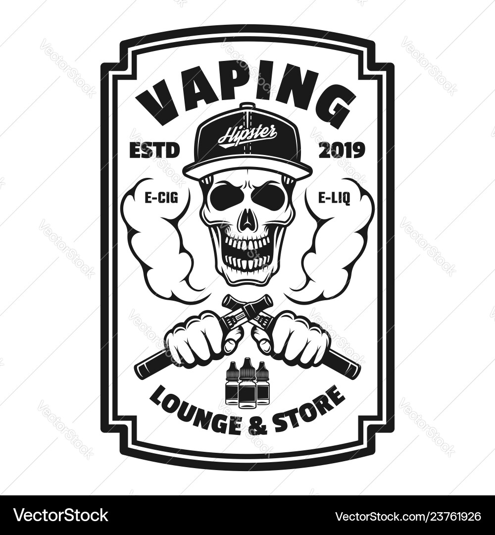 Vaping shop black square emblem with skull Vector Image
