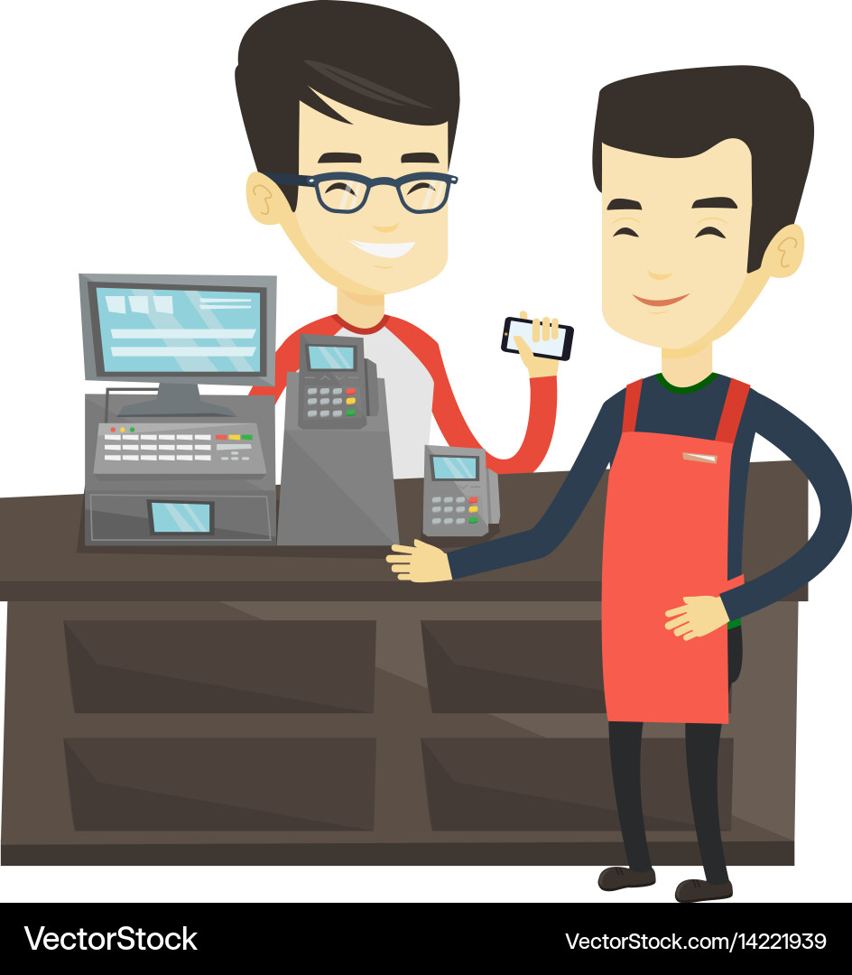 Customer paying wireless with smartphone Vector Image