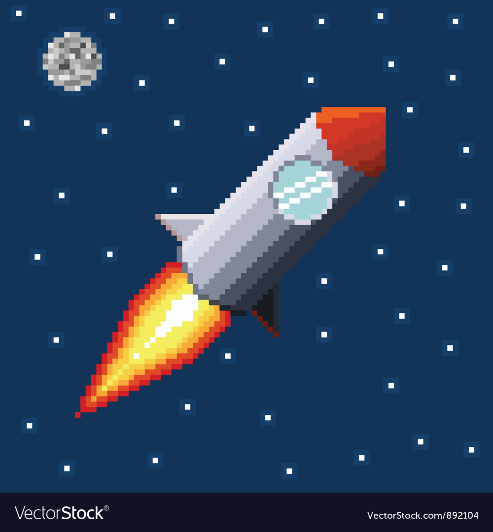 Pixel rocket in space Royalty Free Vector Image