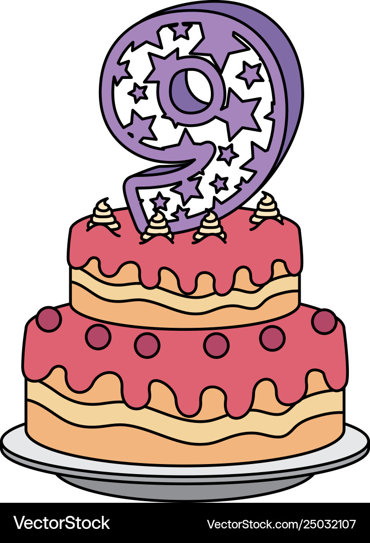 Cute number nine candle with sweet cake Royalty Free Vector