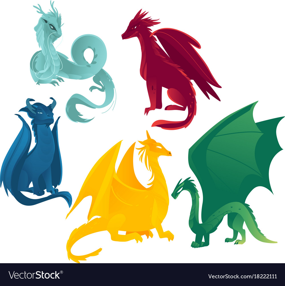 Flat colored dragons set Royalty Free Vector Image