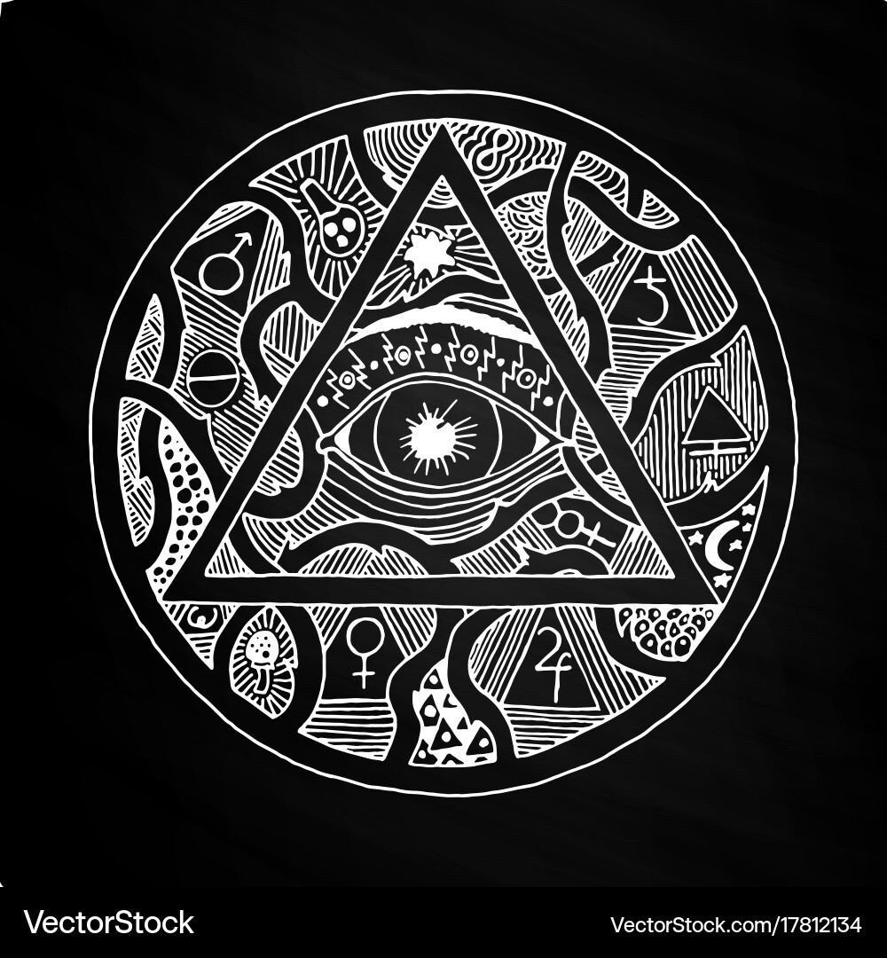 All seeing eye pyramid symbol design on chalkboard
