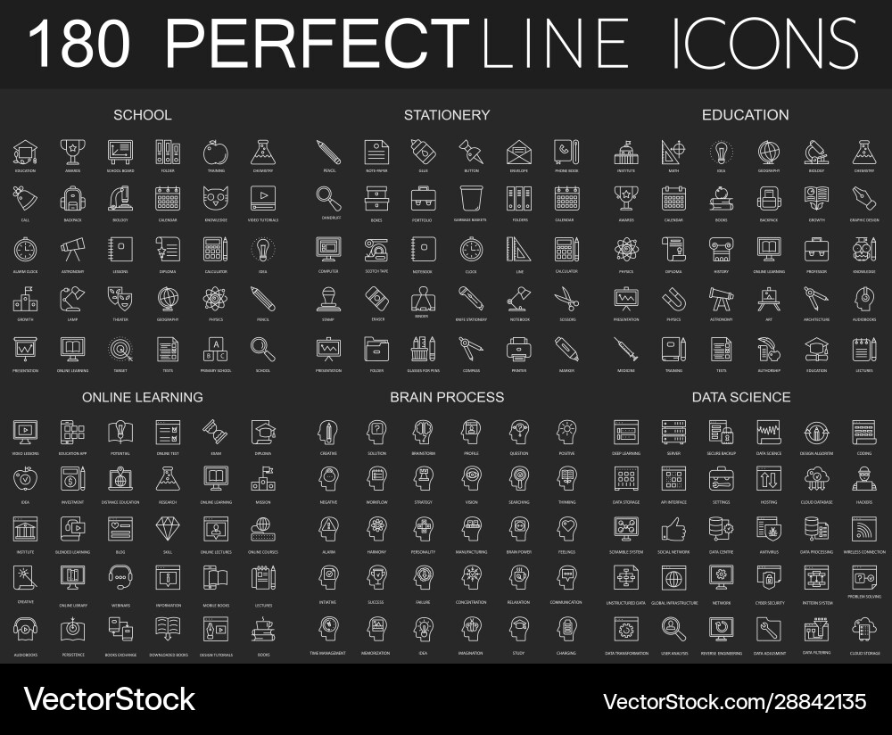 180 modern thin line icons set on dark black Vector Image