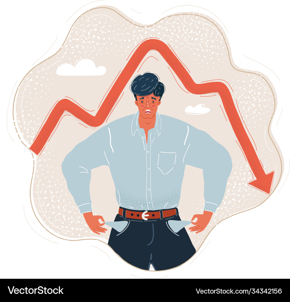 Broke man with empty pockets under financial Vector Image