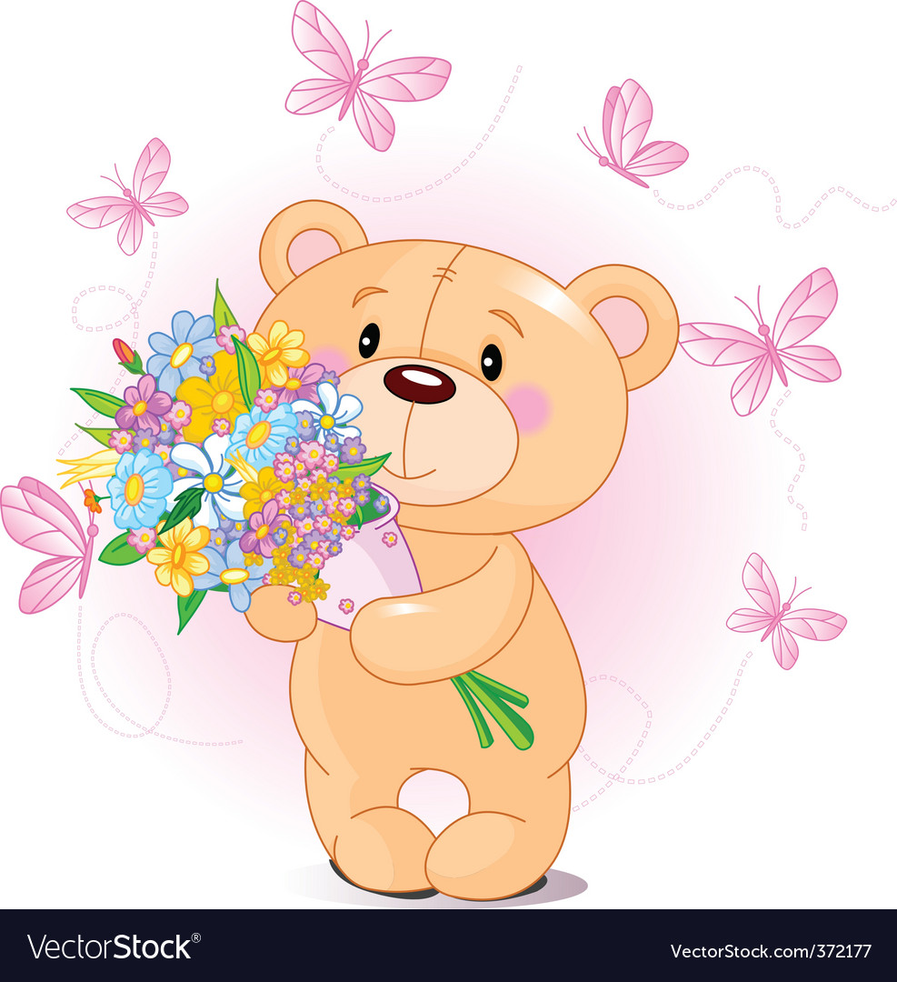 Pink Teddy Bear With Flowers Royalty Free Vector Image