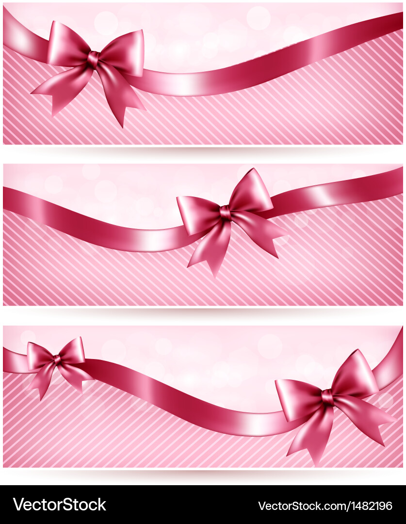 Three pink holiday banners with gift glossy bow Vector Image