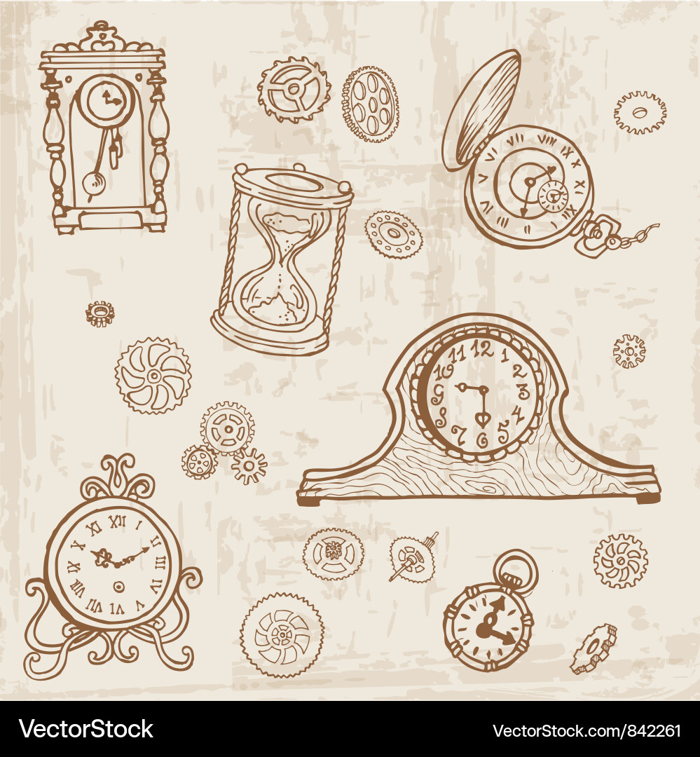 Set of Vintage Doodle Clock Royalty Free Vector Image