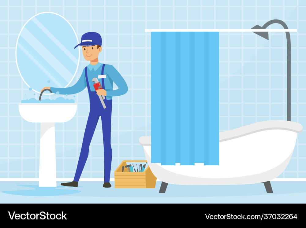 Professional plumber in blue uniform fixing Vector Image
