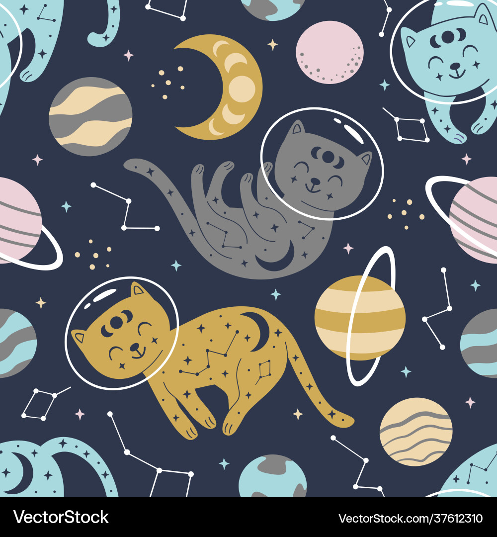 Seamless pattern with celestial cats in space Vector Image