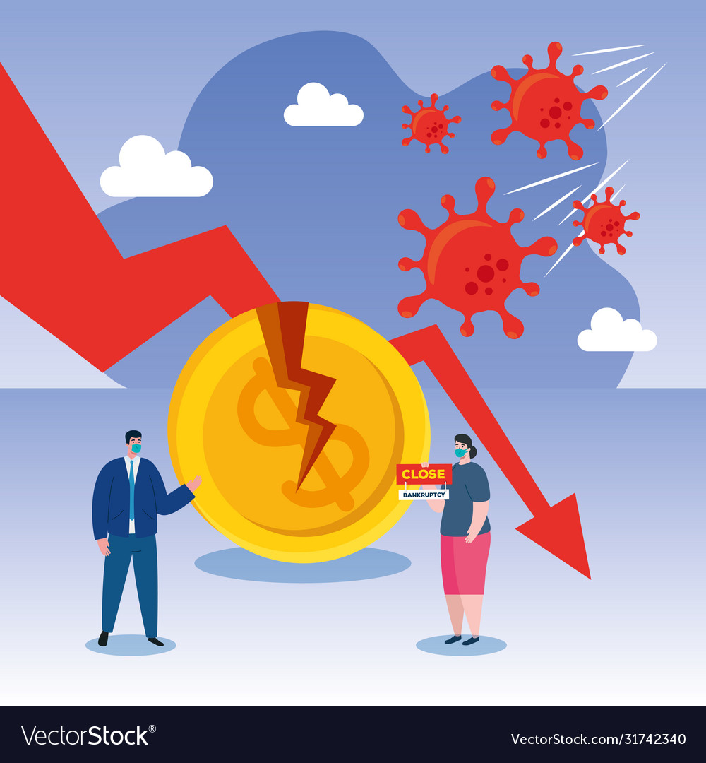 Businesspeople with masks and decrease arrow Vector Image