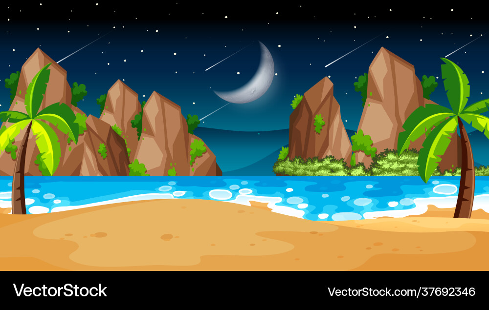Tropical beach landscape scene at night Royalty Free Vector