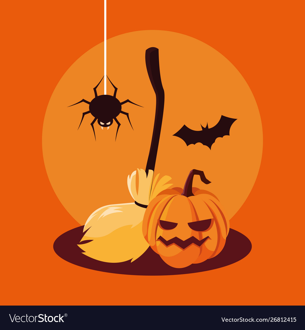 Halloween pumpkin with bat and spider Royalty Free Vector