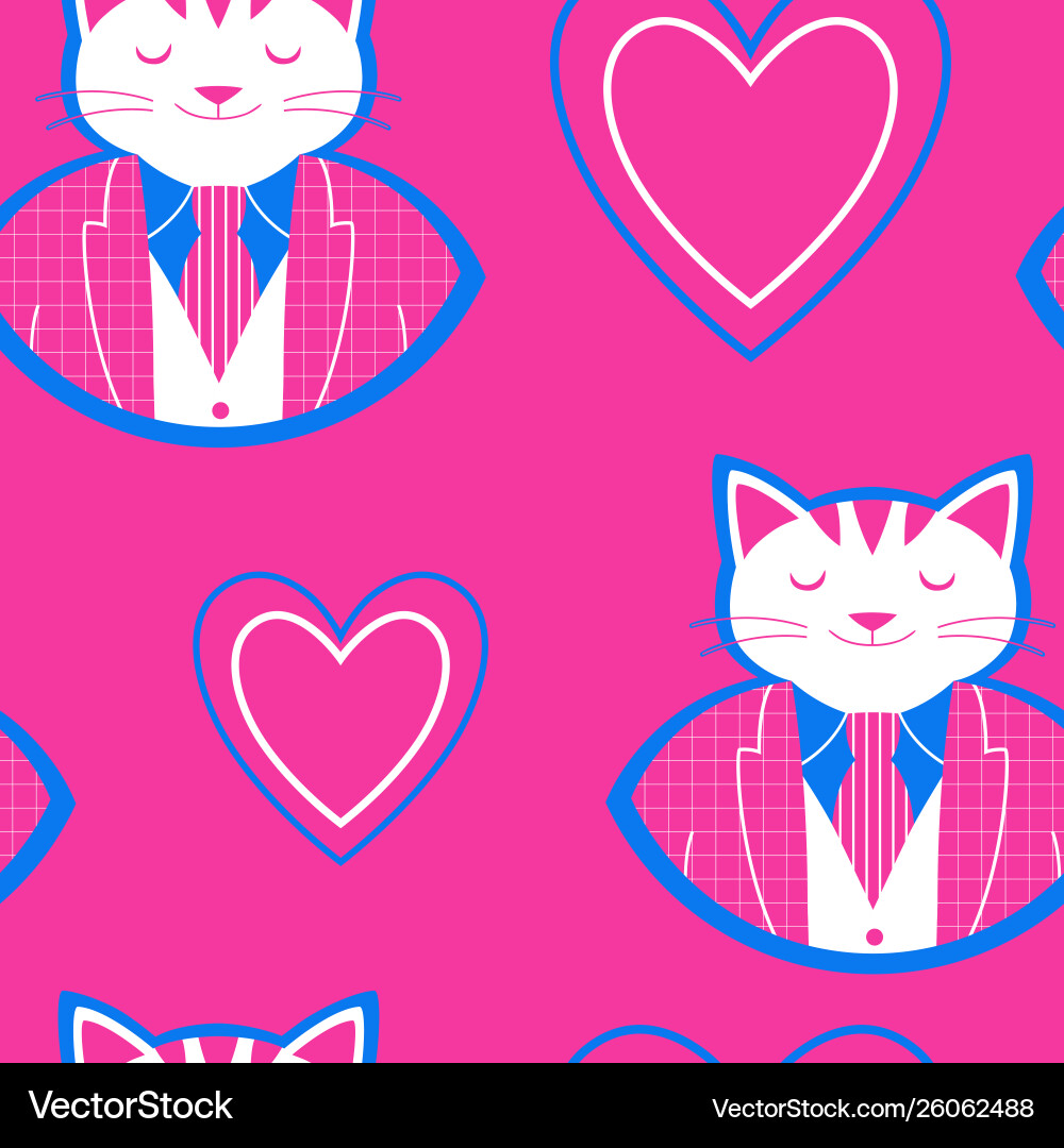 Seamless pattern with happy cat and hearts Vector Image