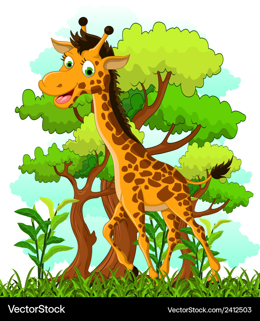 Giraffe cartoon on forest background Royalty Free Vector