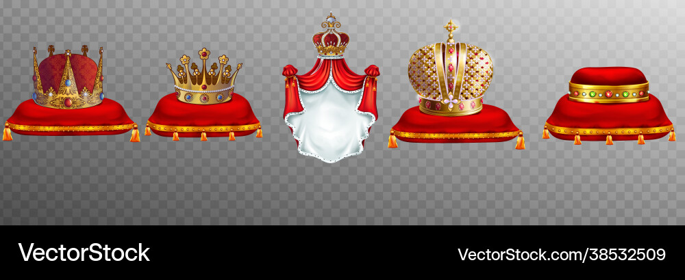 Royal crowns adorned with precious stones on red Vector Image