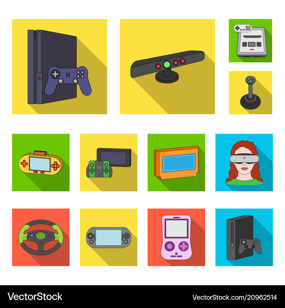 Game console and virtual reality flat icons in set
