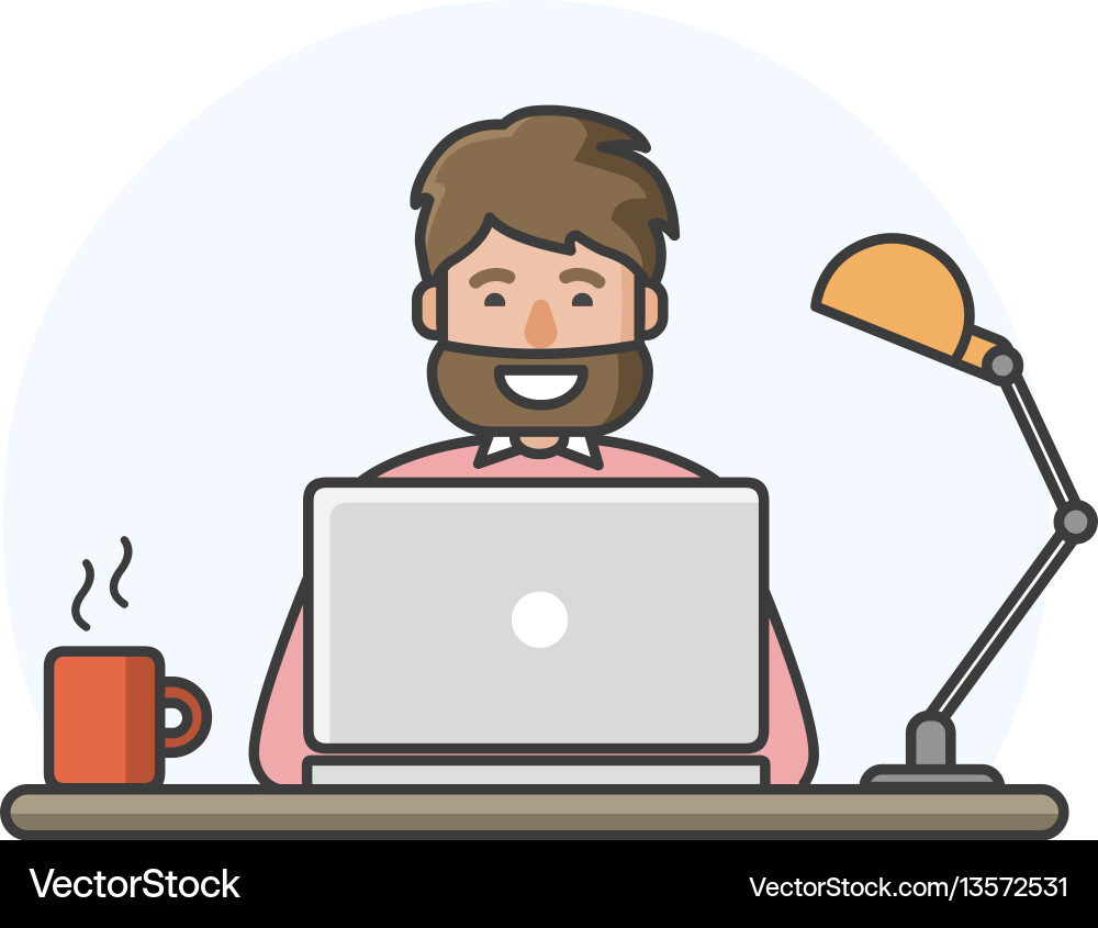 Happy man with beard working on computer Vector Image