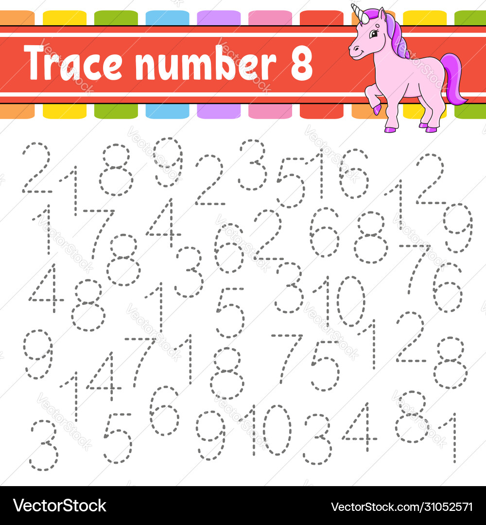 Trace number 8 handwriting practice learning Vector Image