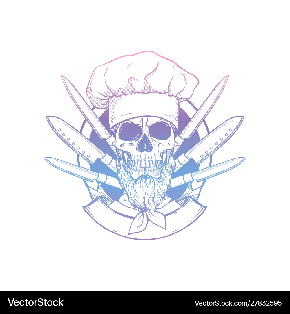 Sketch skull with cooks knife set Royalty Free Vector Image