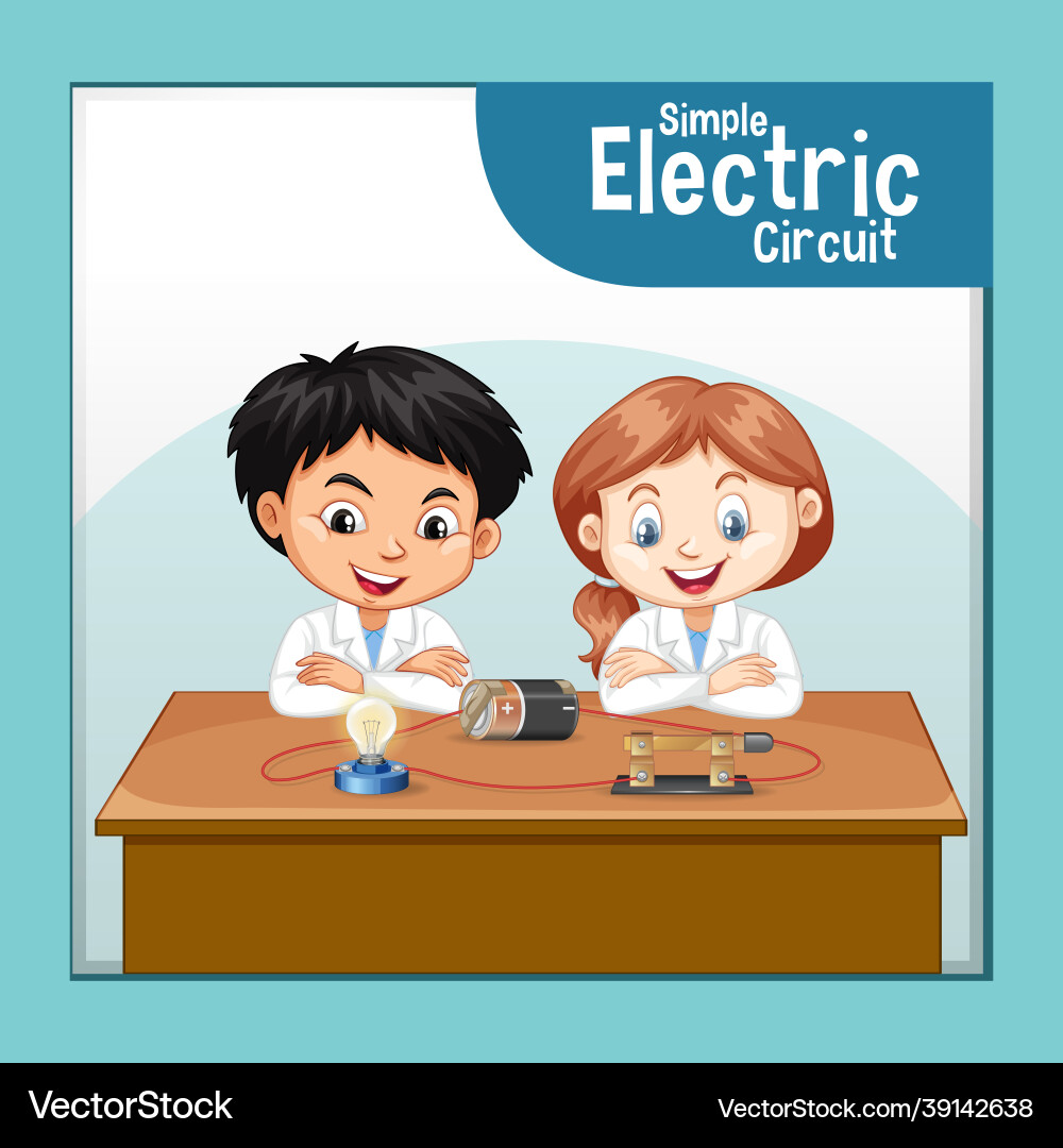 Simple electric circuit with scientist kids Vector Image