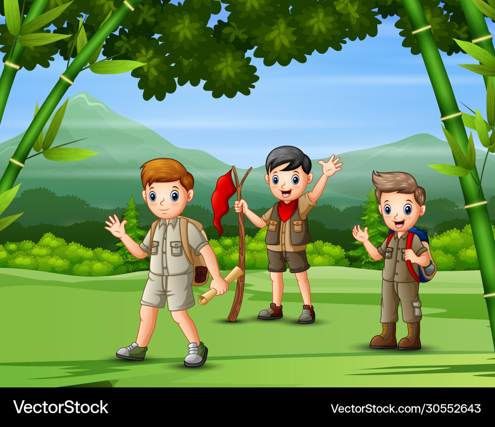 A group scouts hiking in forest Royalty Free Vector Image
