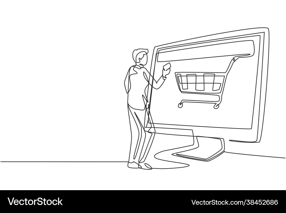 Continuous one line drawing young man shopping Vector Image
