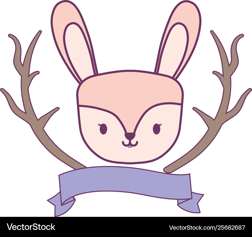 Head cute rabbit with tree branches and ribbon Vector Image